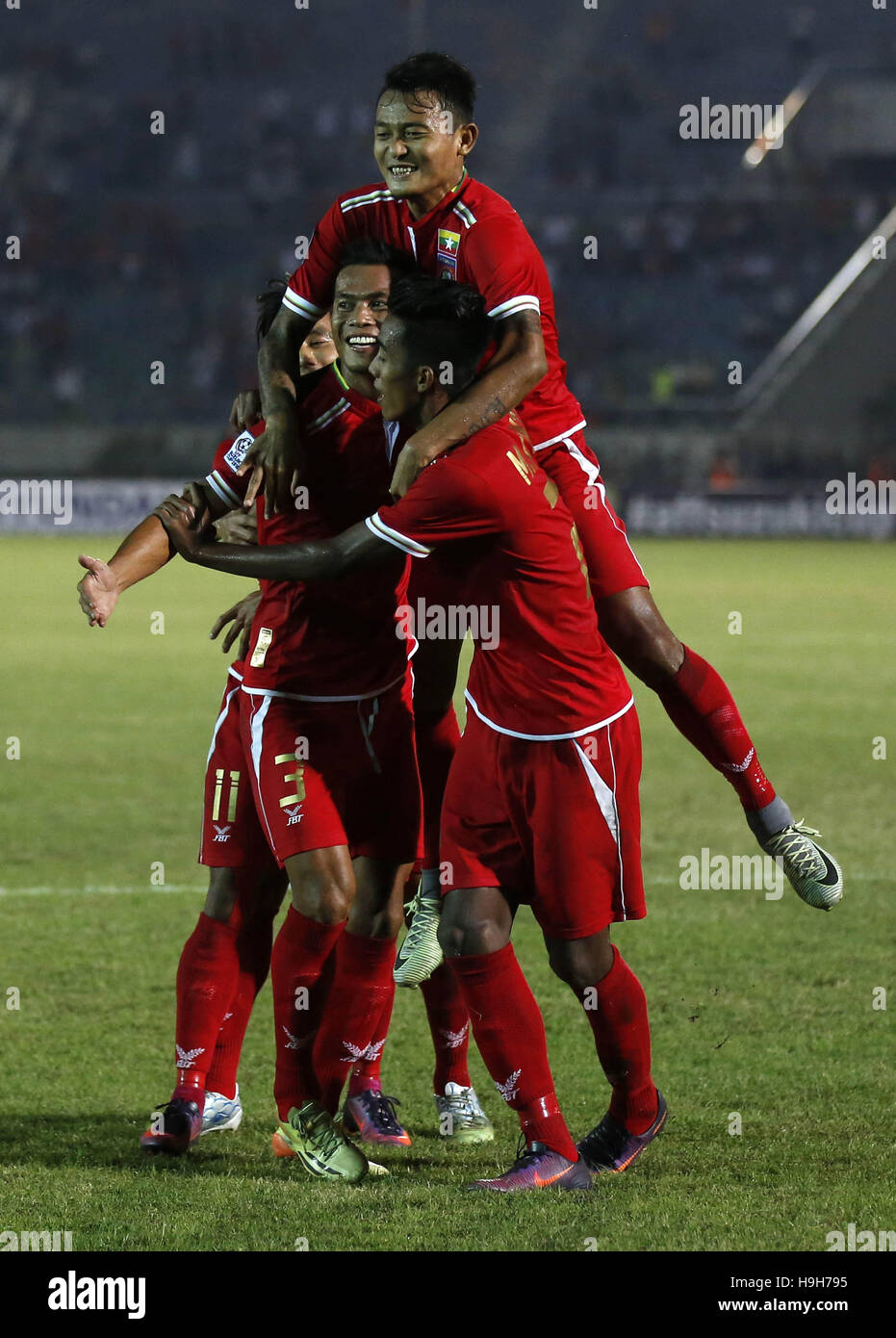 Yangon, Myanmar. 23rd Nov, 2016. Players of Myanmar celebrate scoring ...
