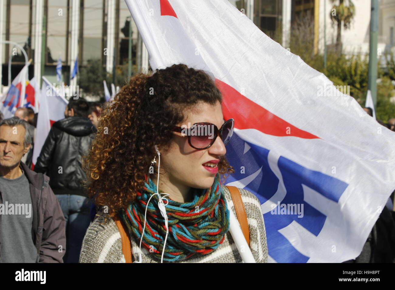 Athens, Greece. 24th November 2016. A PAME member is pictured during ...