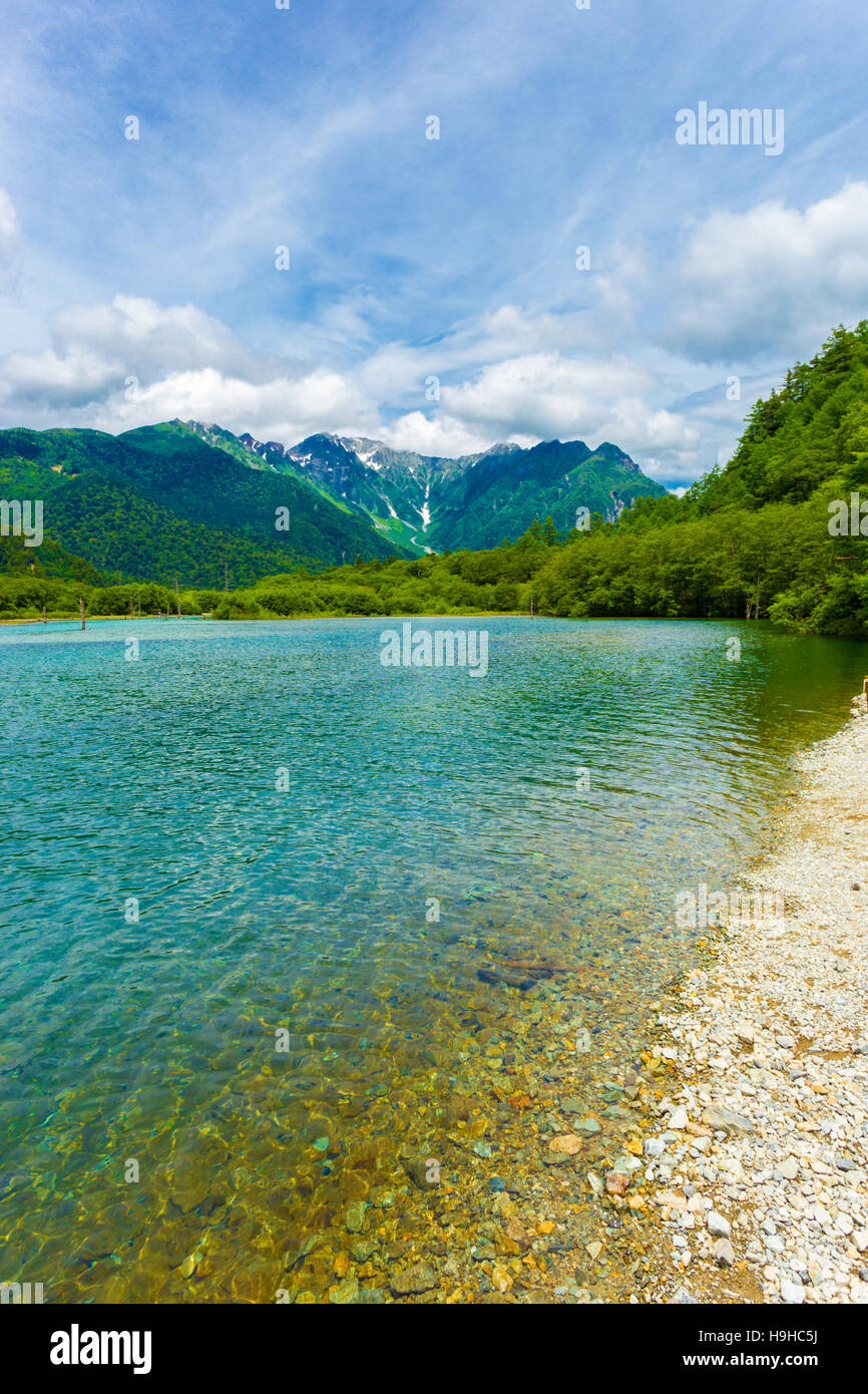 Landscape of turquoise water of Taisho Pond shoreline with nature view ...