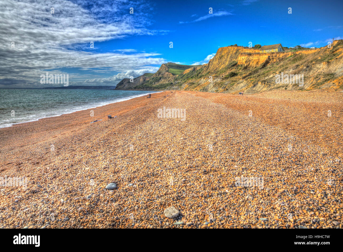 Eype shingle beach Dorset Jurassic coast in bright colourful HDR south ...