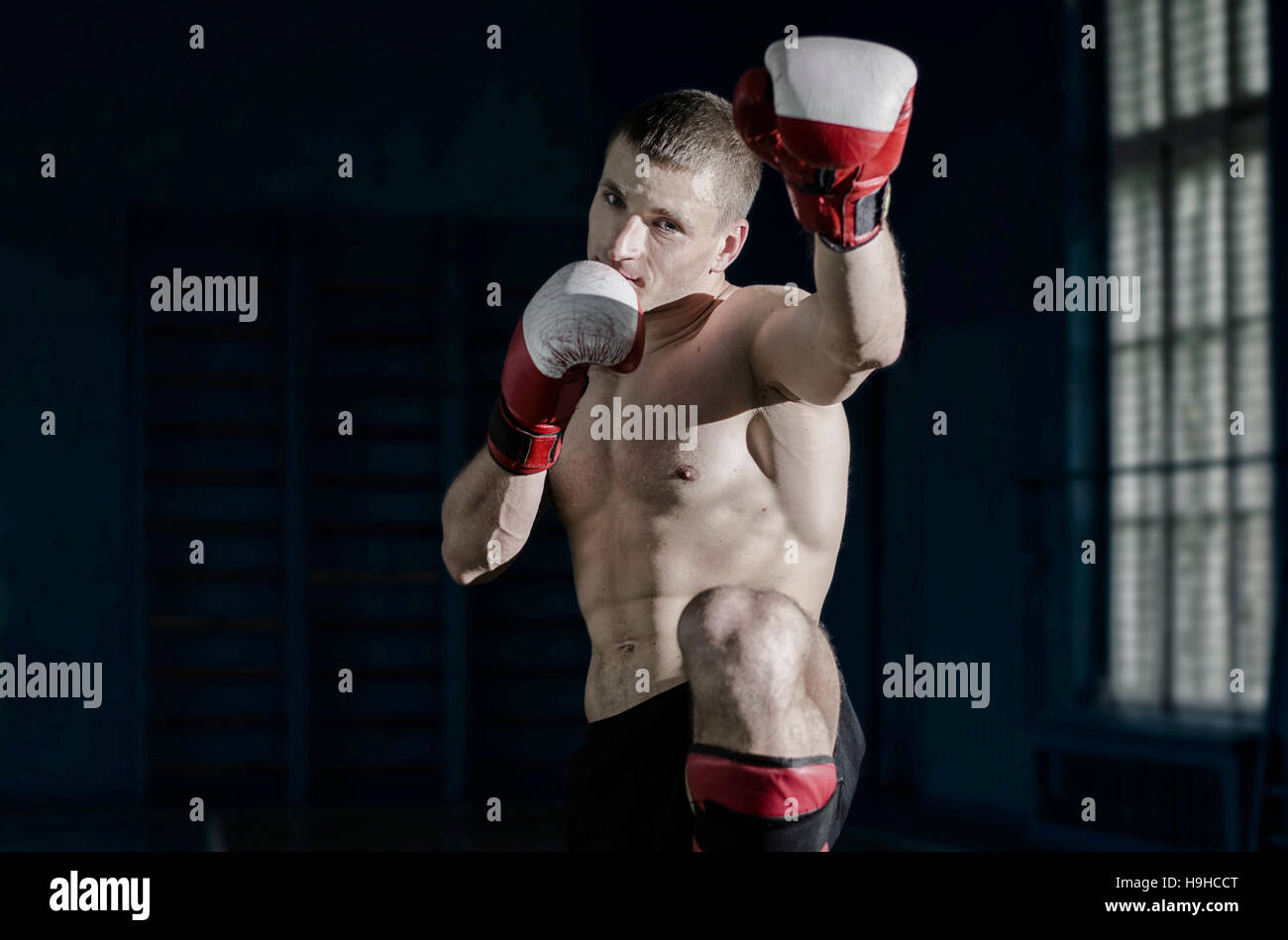 Young athletic man with boxing gloves and a rack Stock Photo - Alamy