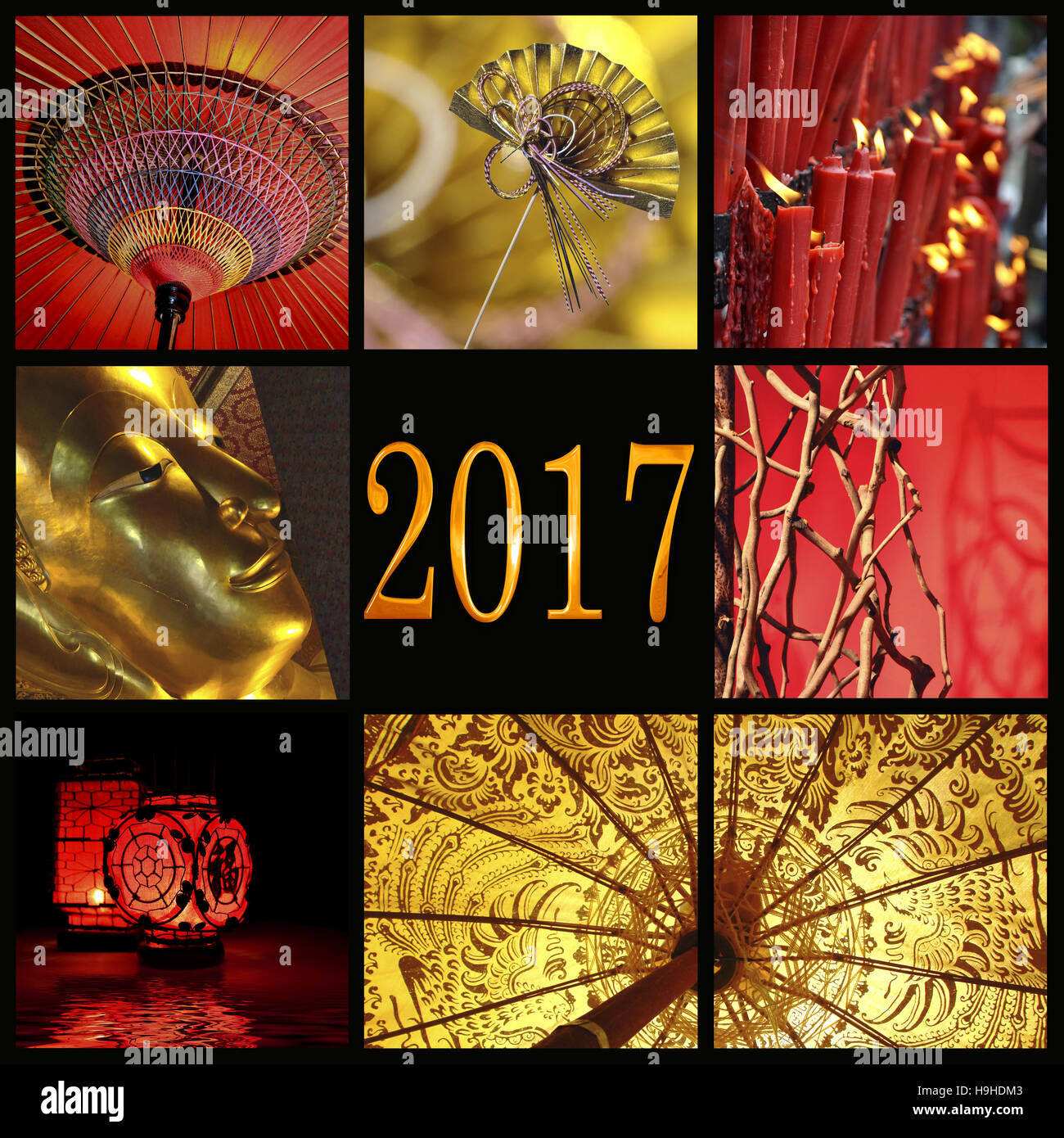 2017, Asia red and gold zen photo collage Stock Photo - Alamy