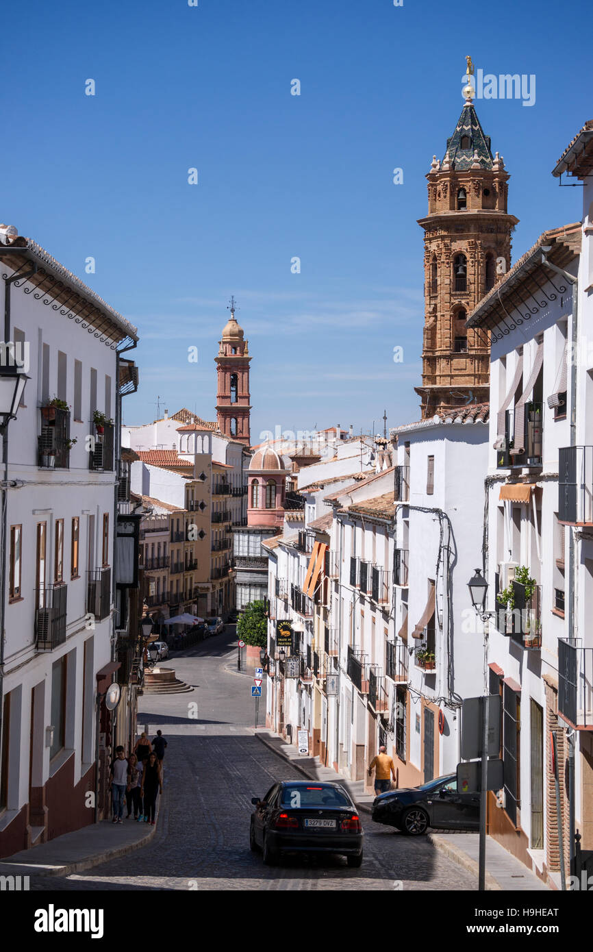 A street with church of St. Sebastian in Antequera, small town in ...