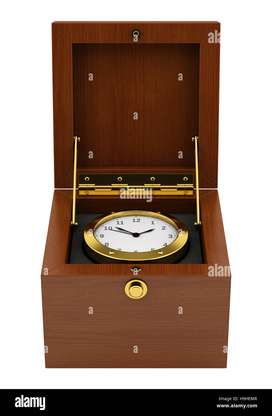 golden clock in wooden box isolated on white background Stock Photo - Alamy