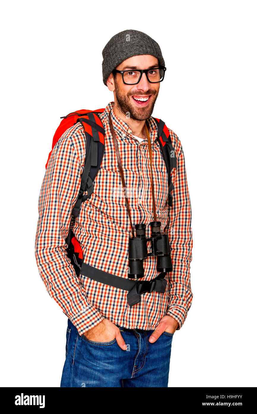 Hiker man tourist. Hiking. Isolated over white background Stock Photo ...
