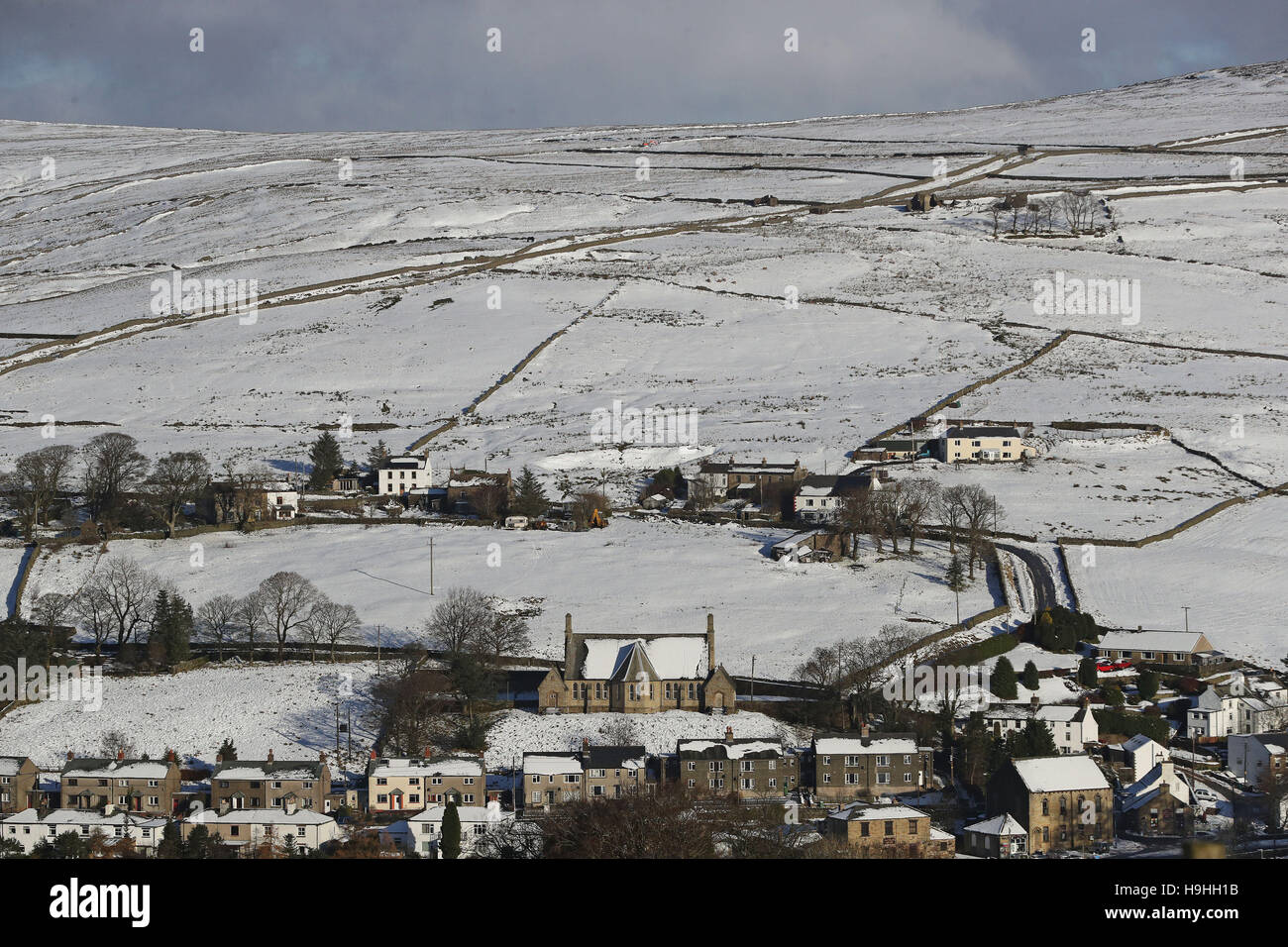 Snow covers houses and fields at Nenthead in the North Pennines, which ...