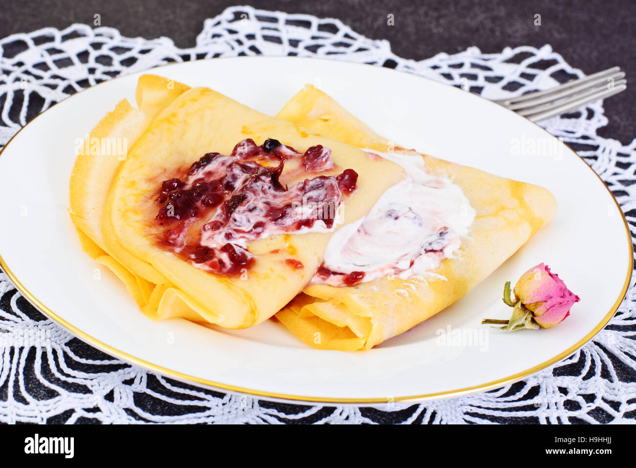 Tasty Pancakes Stack with Cream and Jam Studio Photo Stock Photo - Alamy