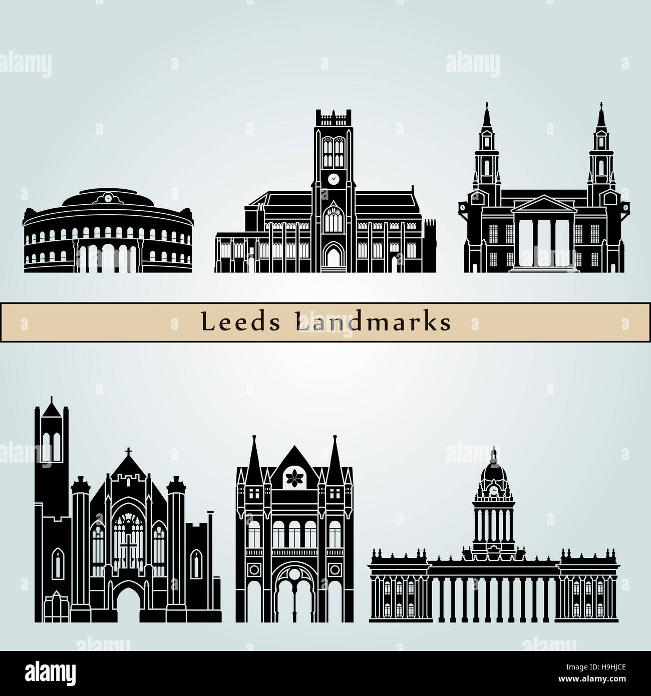 Leeds landmarks and monuments isolated on blue background in editable ...