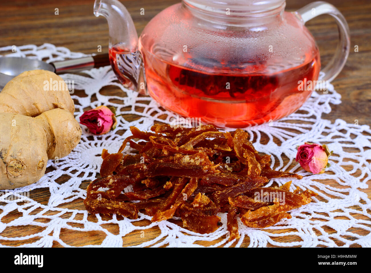 Fresh ginger, sun-dried, candied on Wood Background. Studio Photo Stock ...