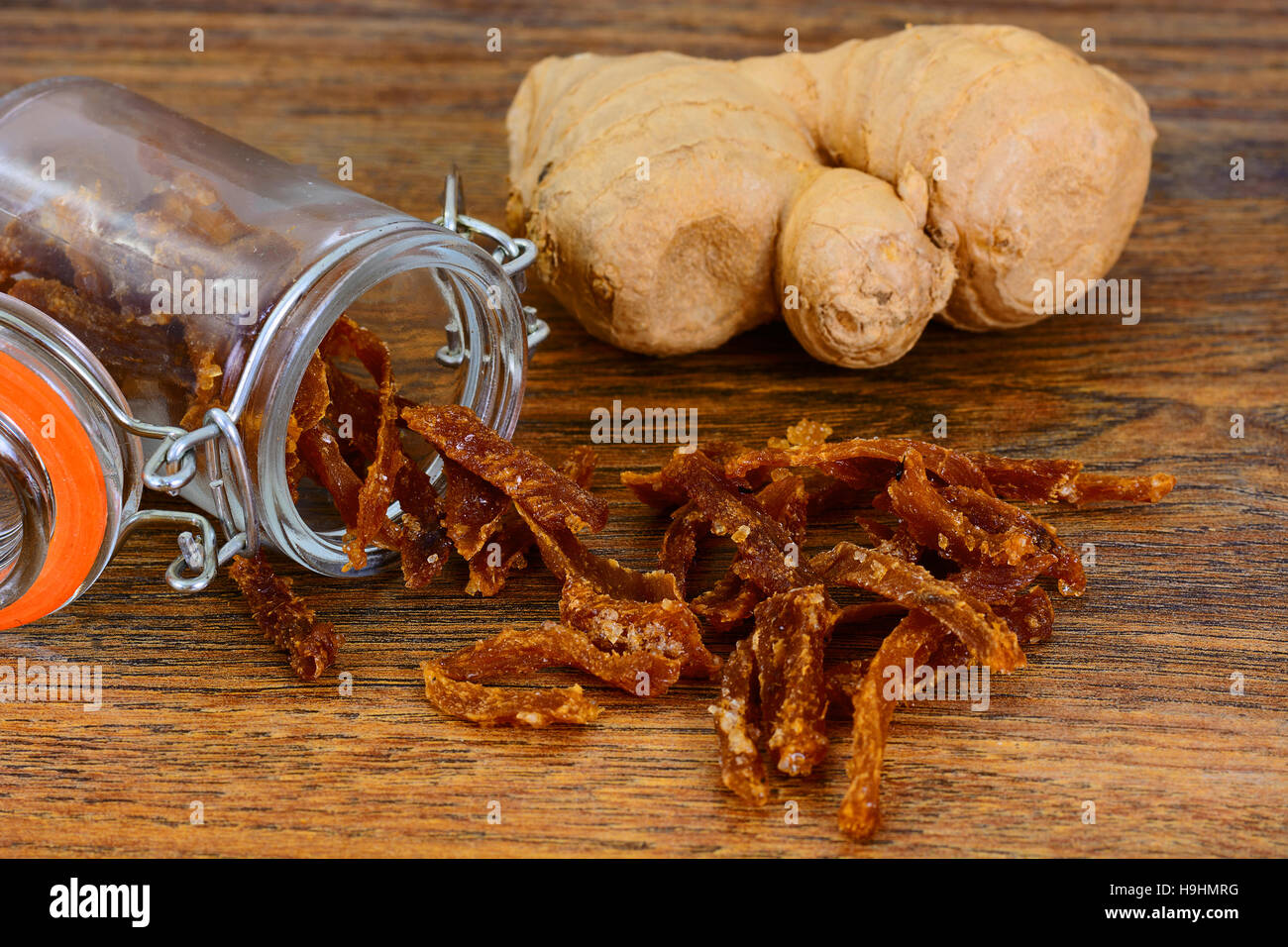 Fresh ginger, sun-dried, candied on Wood Background. Studio Photo Stock ...