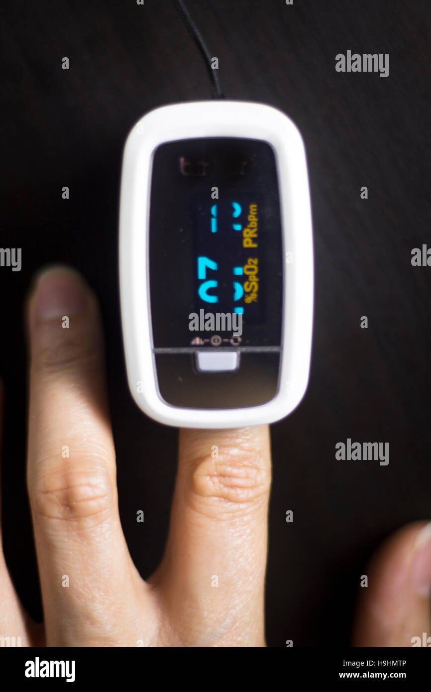 Portable hand held domestic cardiac finger pulse rate meter to show ...