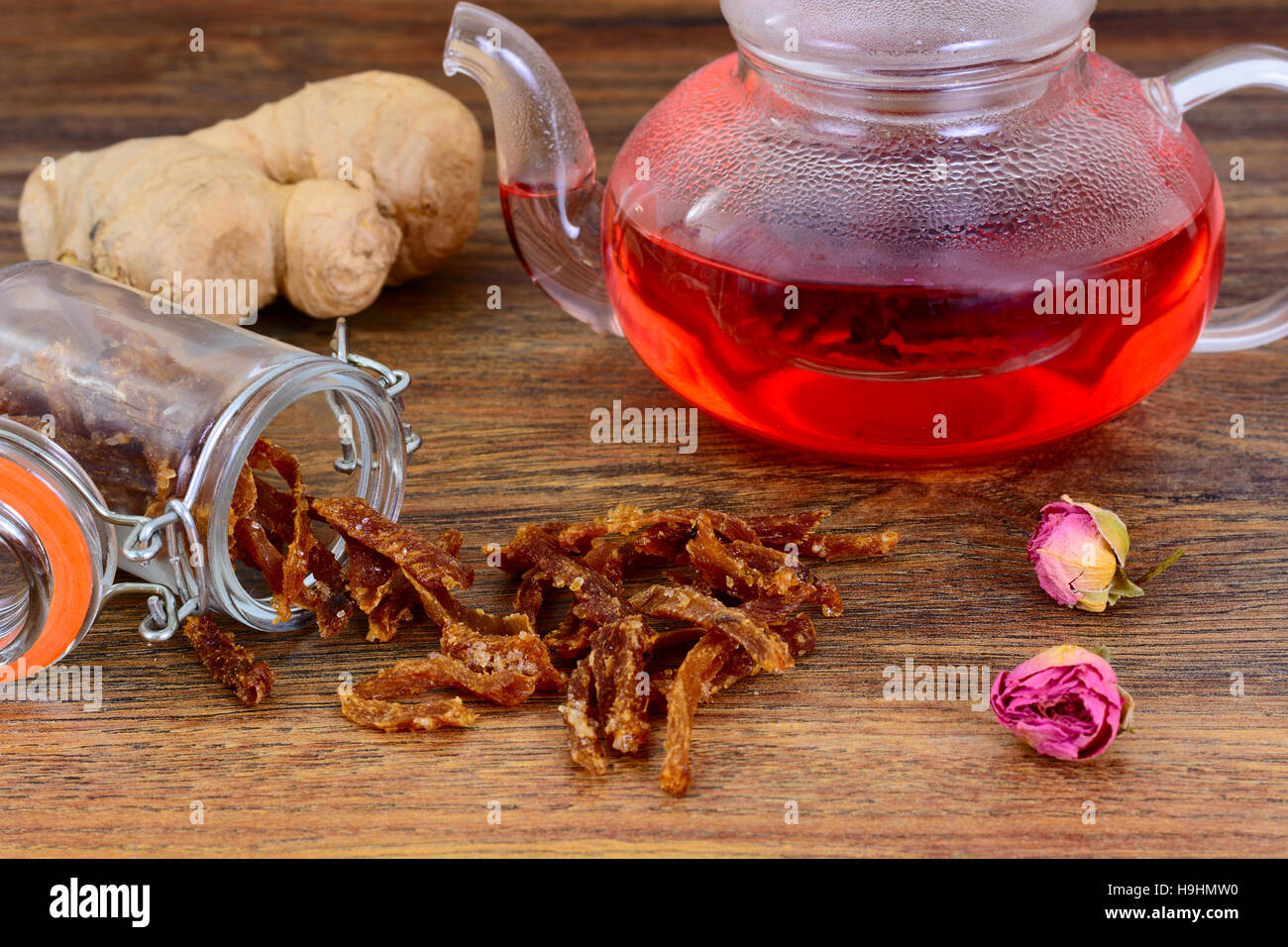 Fresh ginger, sun-dried, candied on Wood Background. Studio Photo Stock ...
