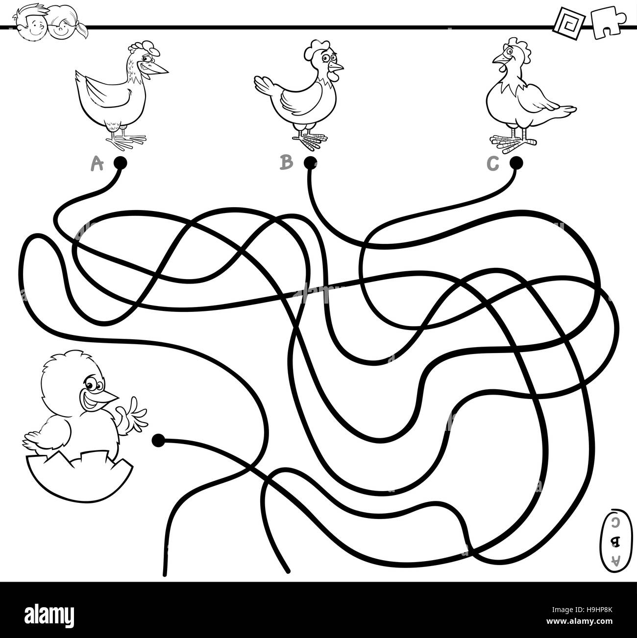 Cartoon Illustration of Paths or Maze Puzzle Activity with Hen and ...