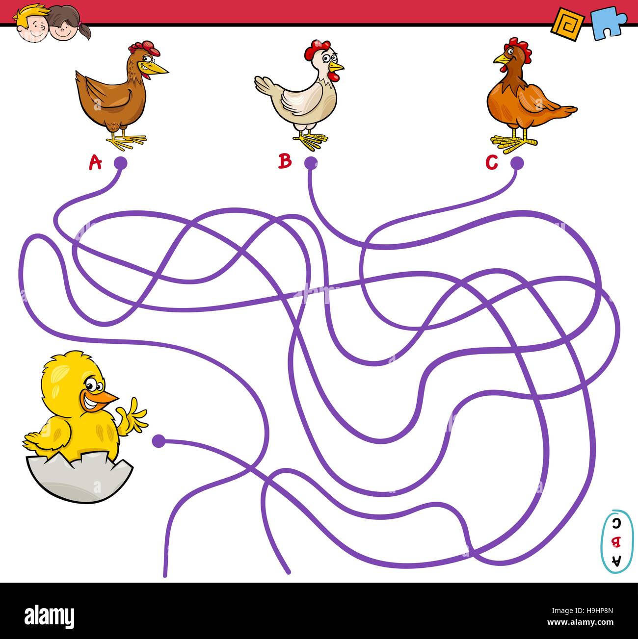 Cartoon Illustration of Paths or Maze Puzzle Activity with Hen and ...