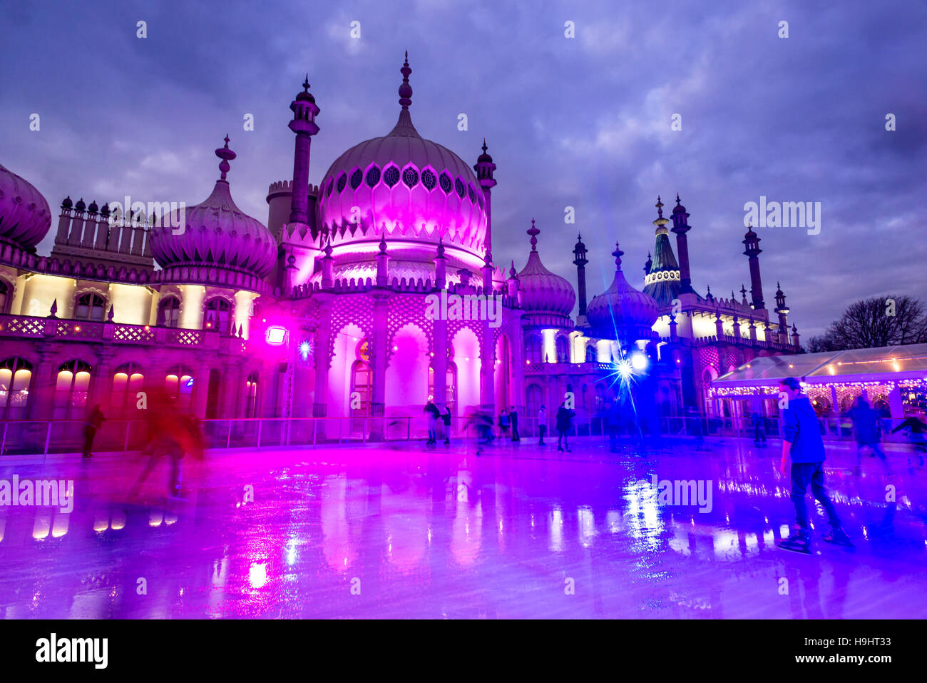 The Royal Pavilion Ice Rink, bathed in pink light Stock Photo - Alamy