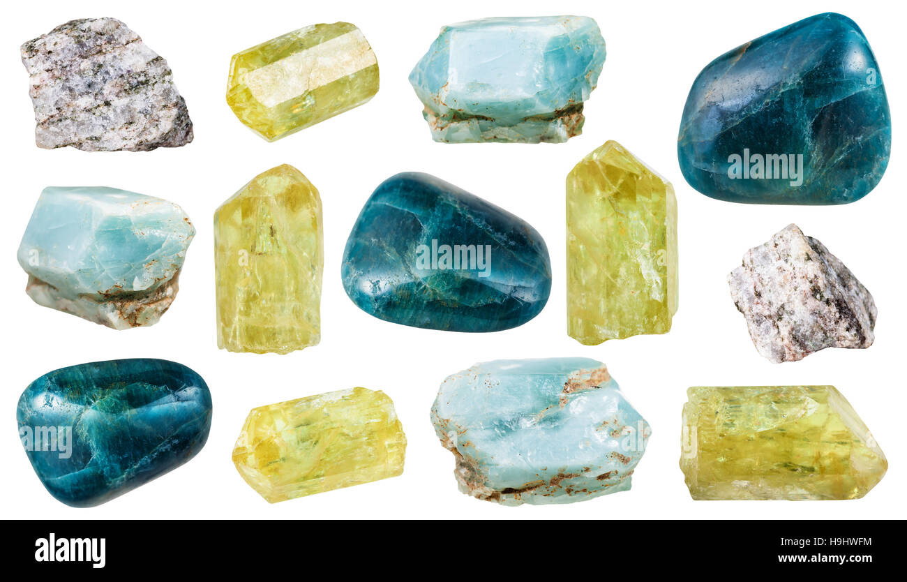 set of various apatite crystals, rocks and gemstones isolated on white ...