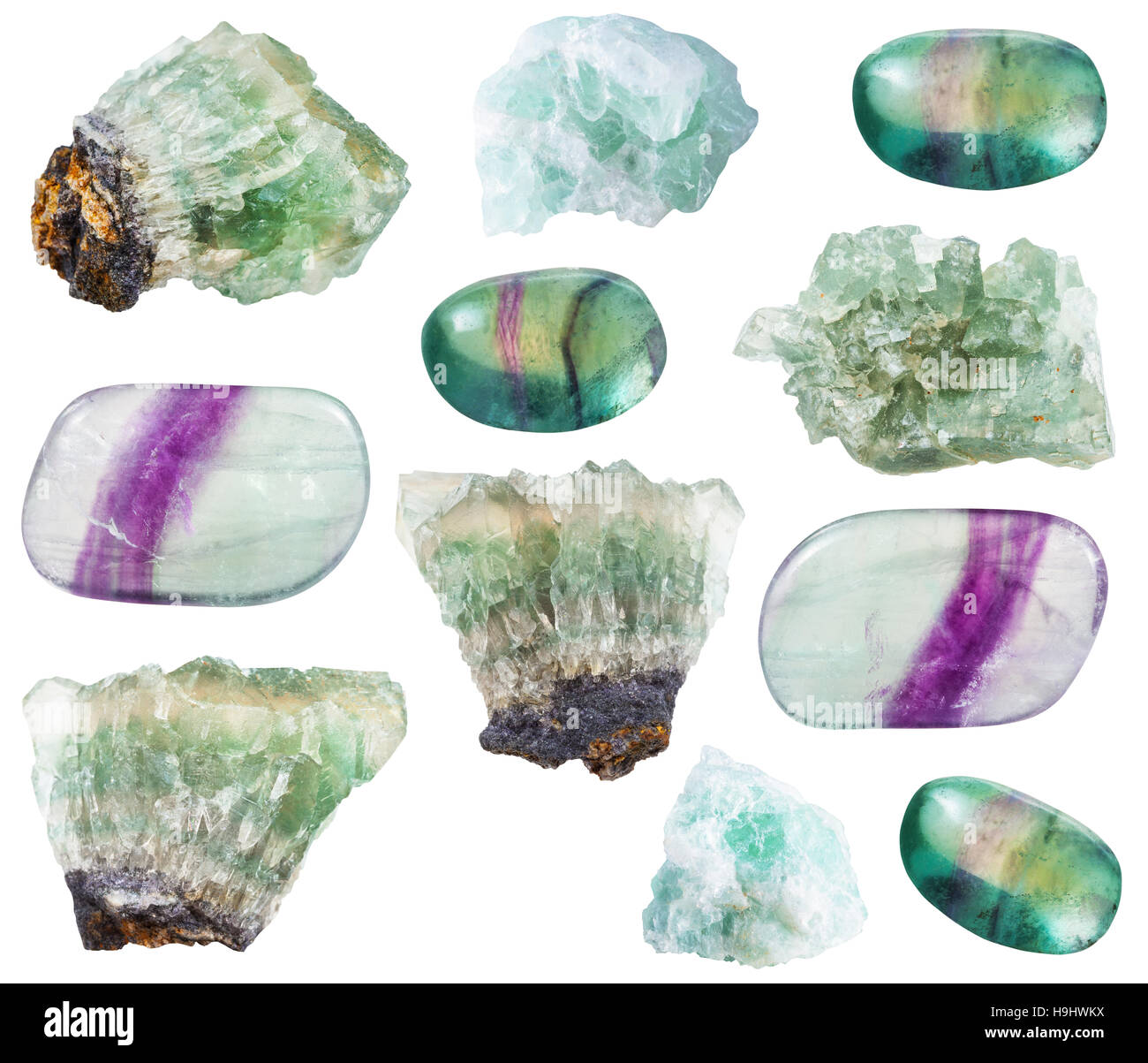 set of various fluorite crystals, rocks and gemstones isolated on white ...