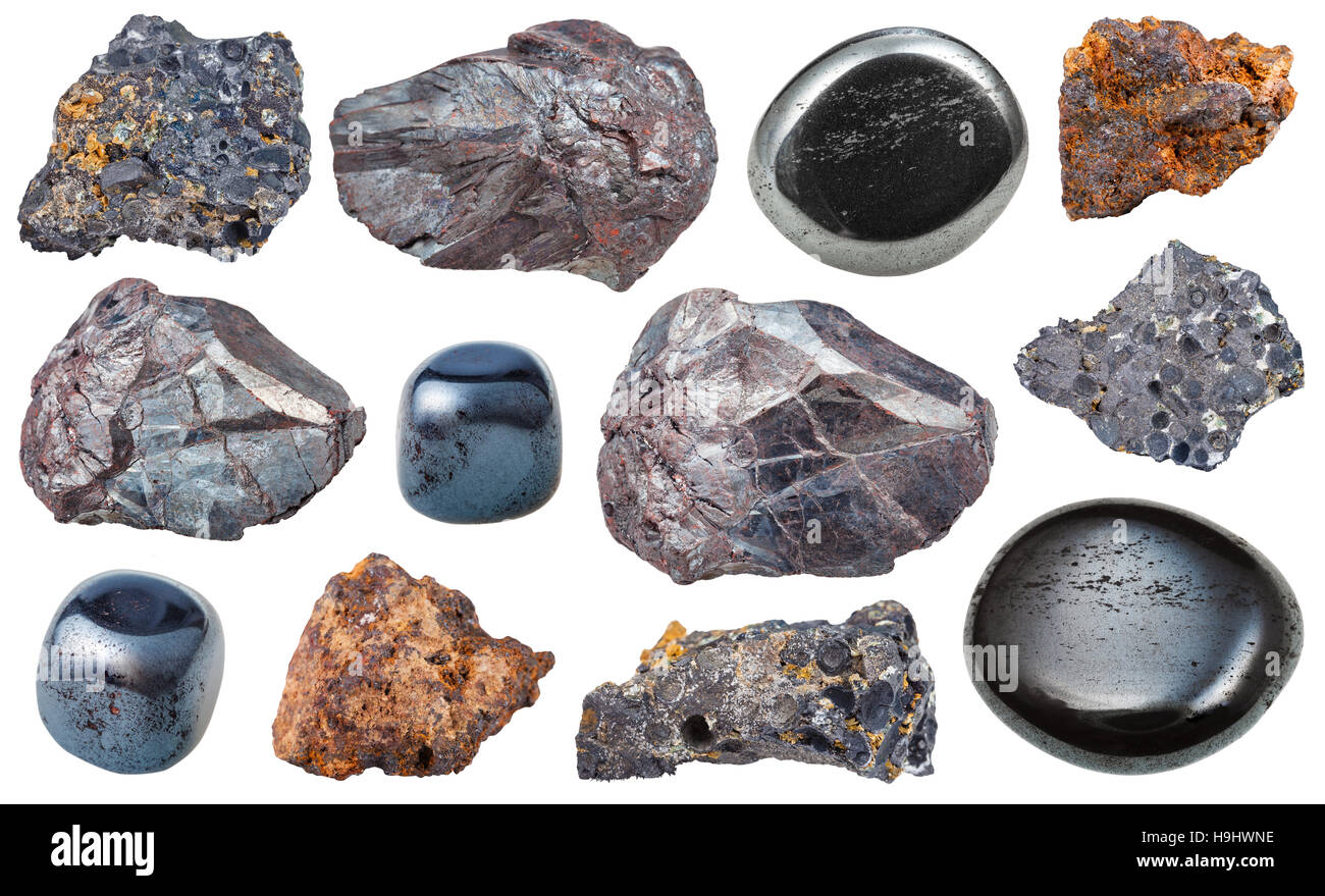 set of various hematite mineral rocks and gemstones isolated on white ...