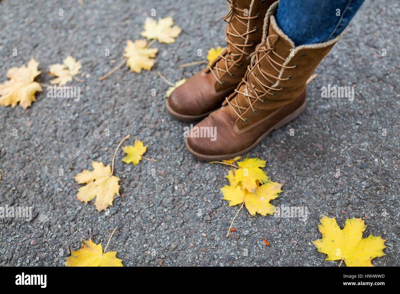 female feet in boots and autumn leaves Stock Photo - Alamy