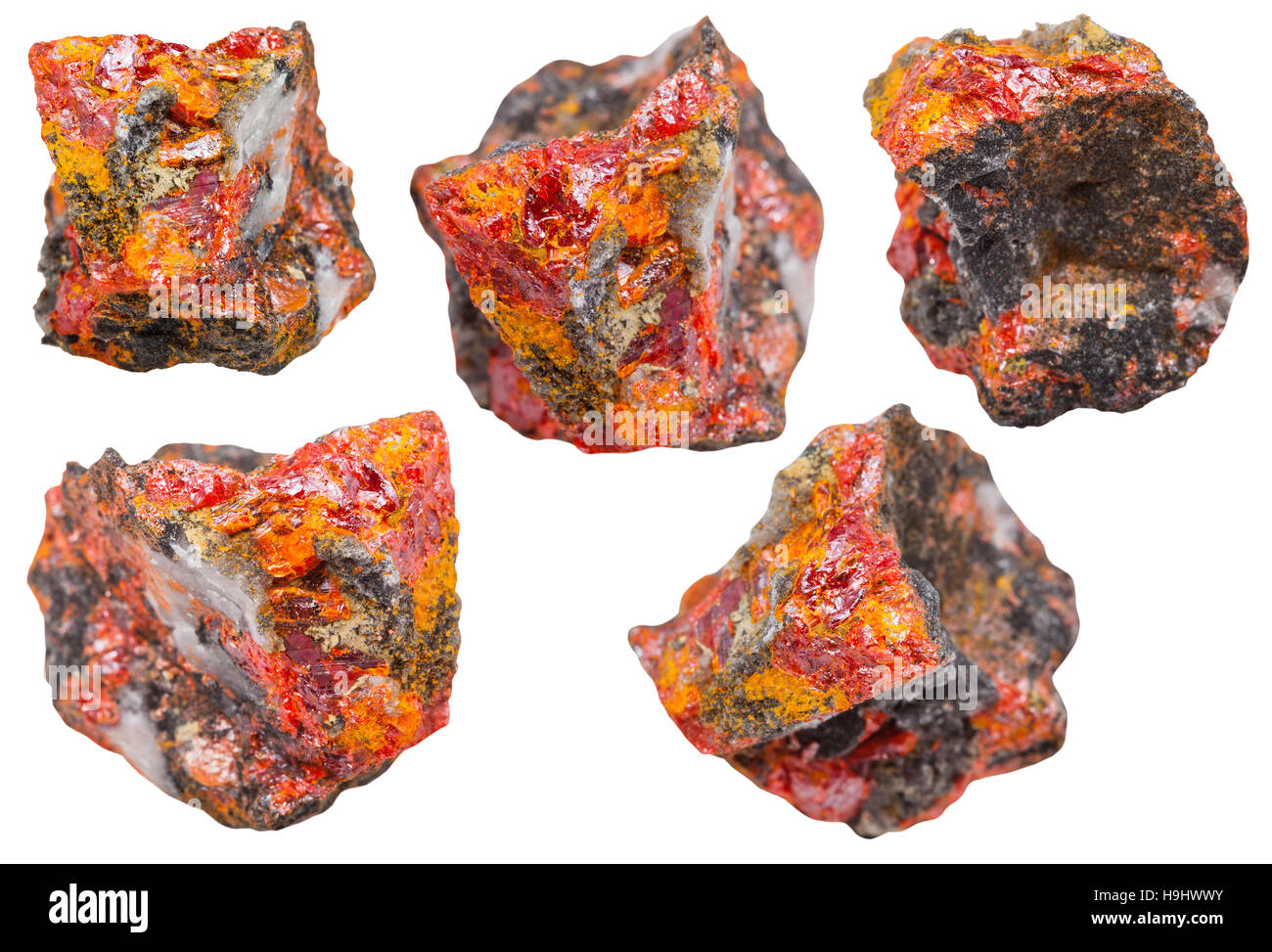 set of various realgar crystals on rocks isolated on white background ...