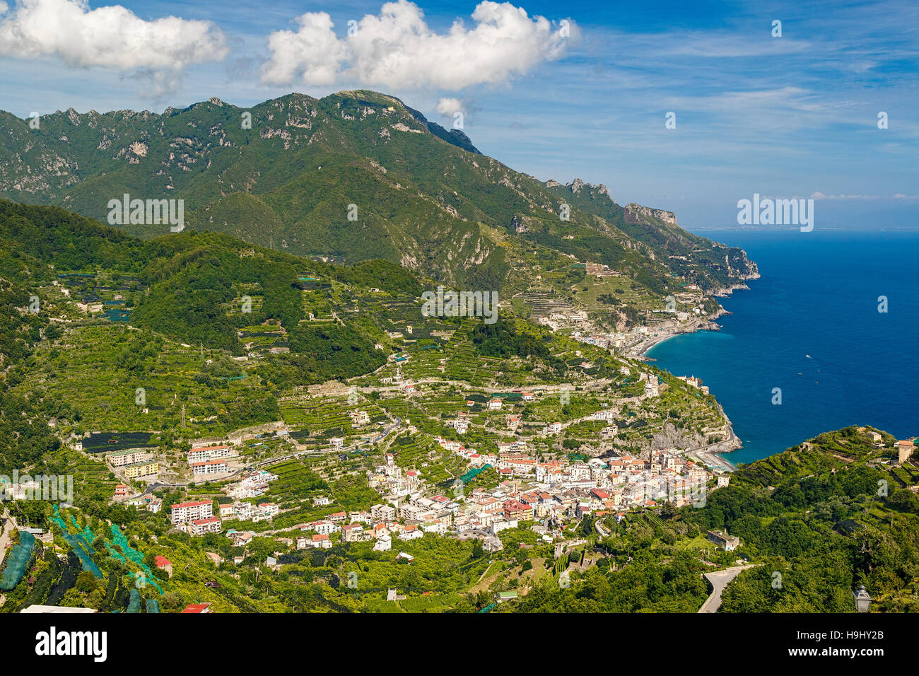 The view of Minori and the Bay of Salerno on the Amalfi coast from ...