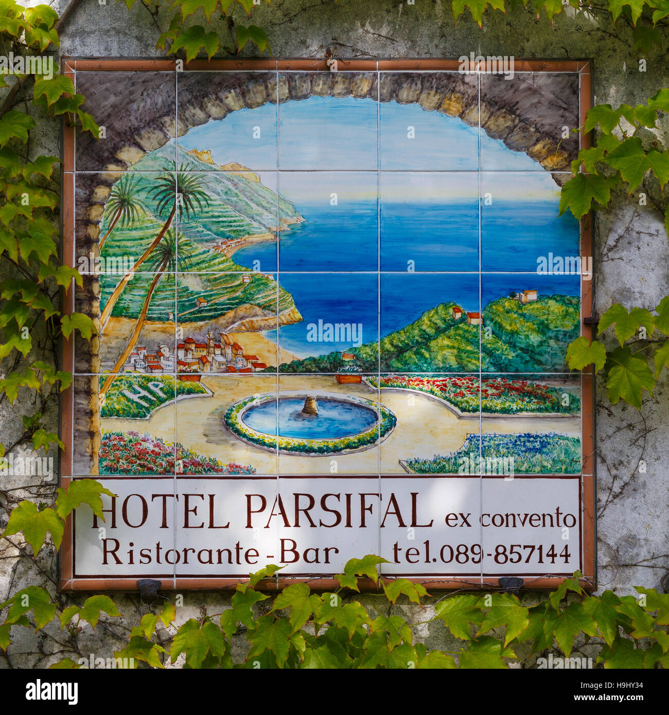 Tiled sign for the Hotel Parsifal in Ravello, Italy. Formally the ...