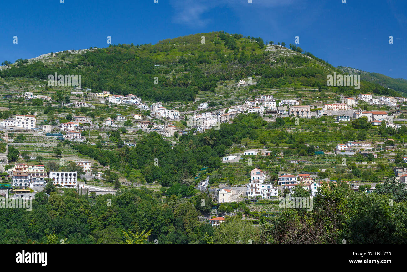 The hilltop town of Scala viewed from Ravello on the Amalfi coast ...