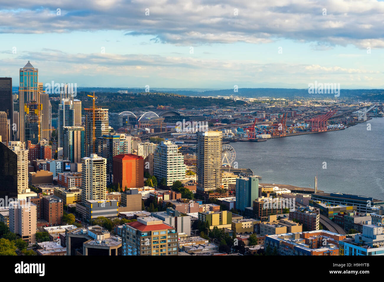 Seattle’s rapidly growing downtown and waterfront area seen from up ...