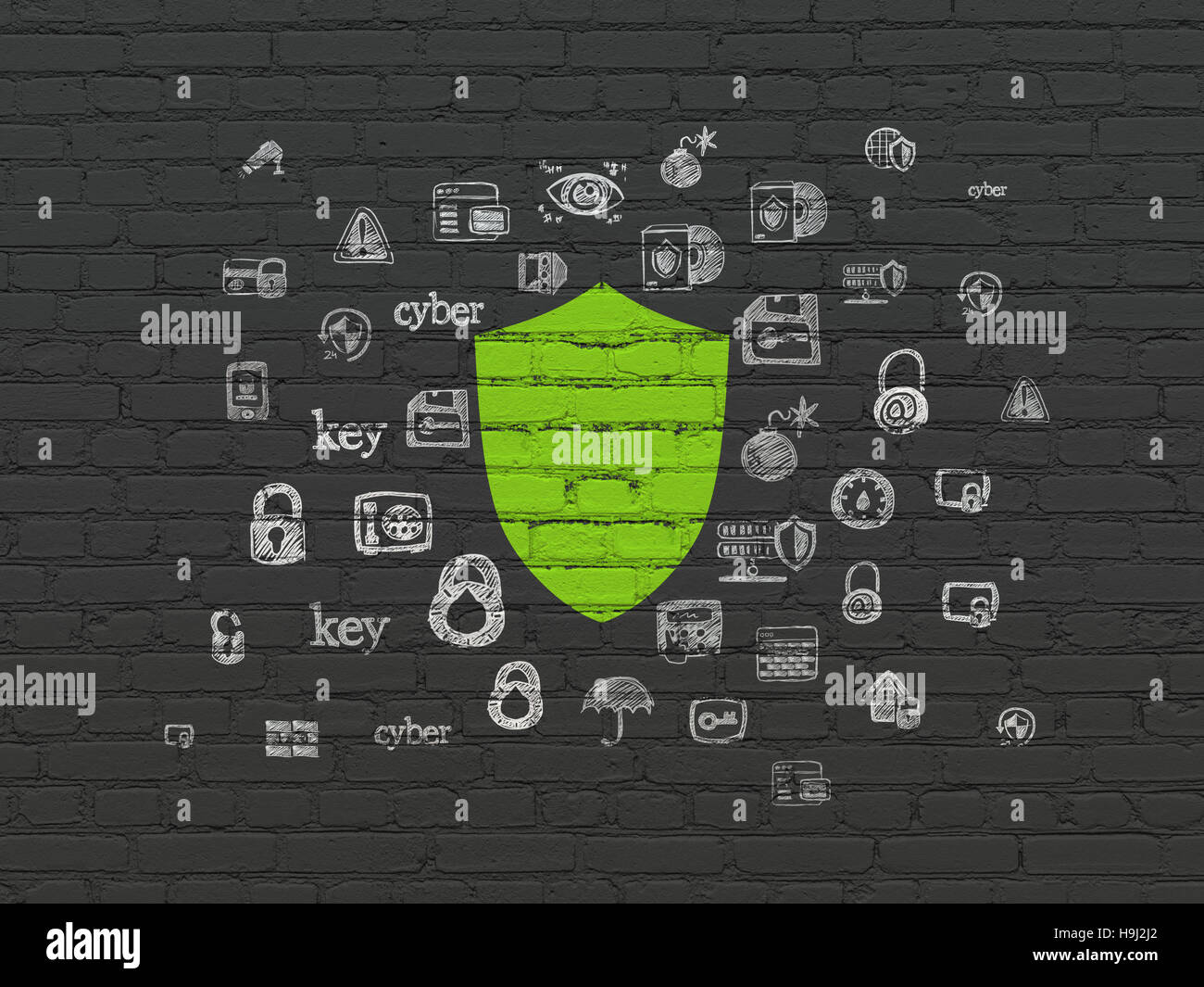 Security concept: Shield on wall background Stock Photo - Alamy