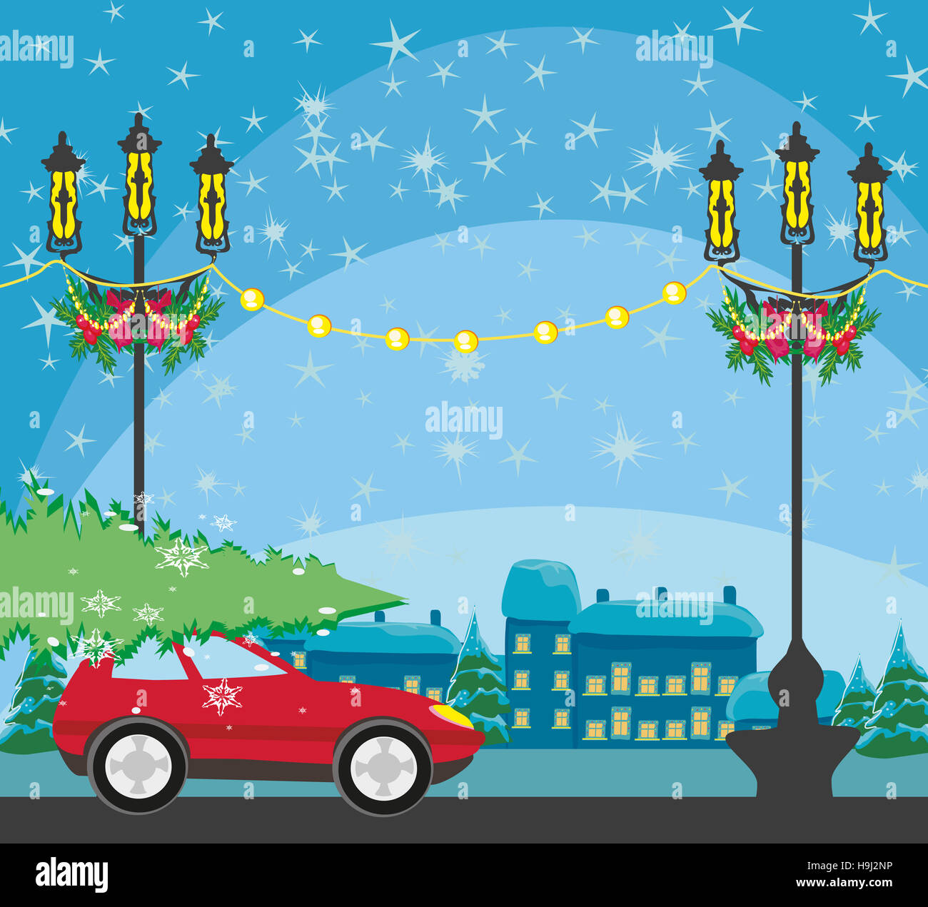 Car with a Christmas tree on the roof Stock Photo - Alamy