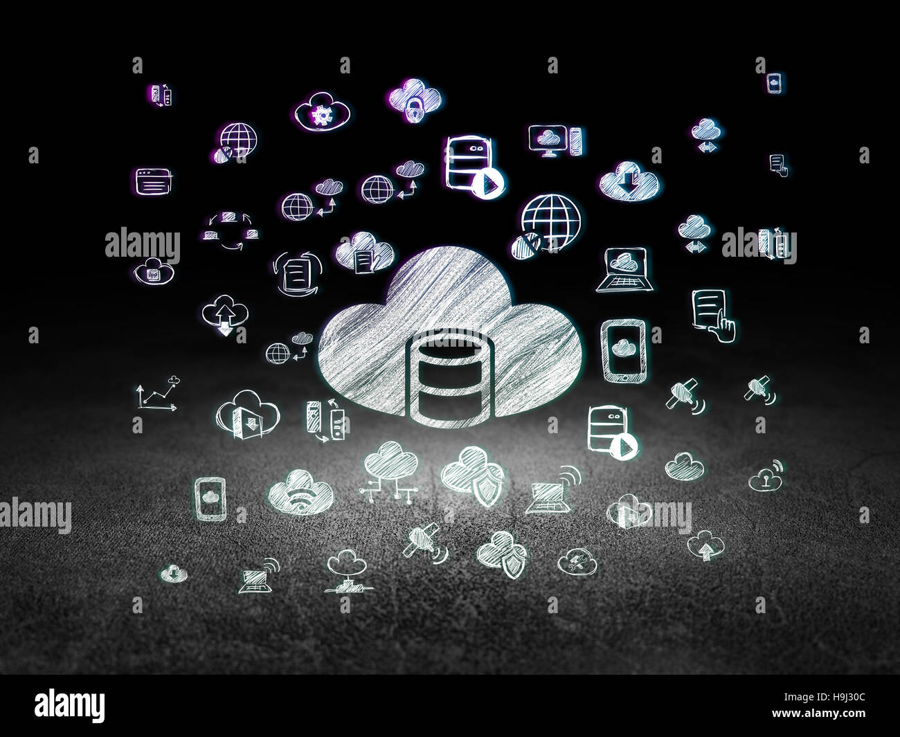 Cloud technology concept: Database With Cloud in grunge dark room Stock ...