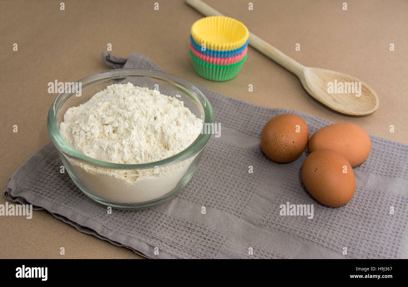 Cake baking ingredients on the kitchen work surface Stock Photo - Alamy