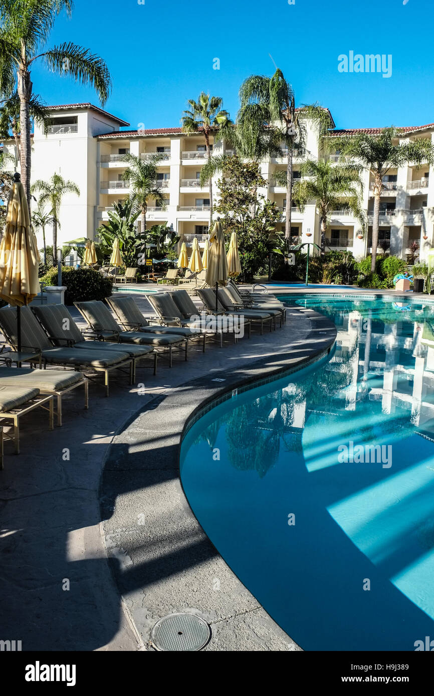 A vertical close up view of the curving side of an empt pool at Hyatt ...