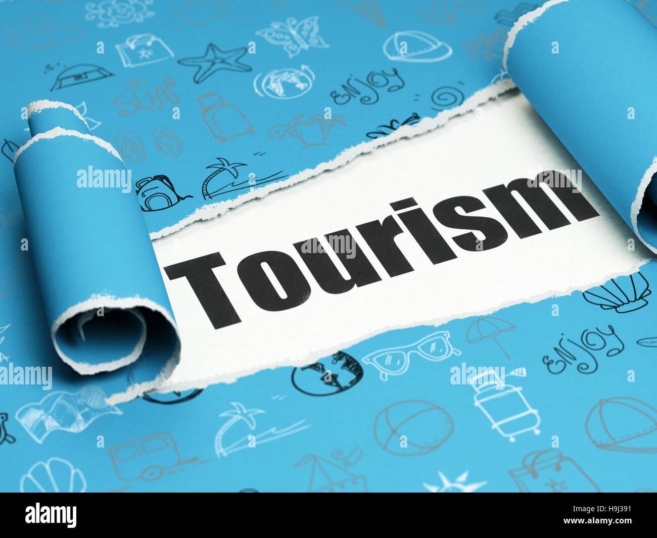 Travel concept: black text Tourism under the piece of torn paper Stock ...