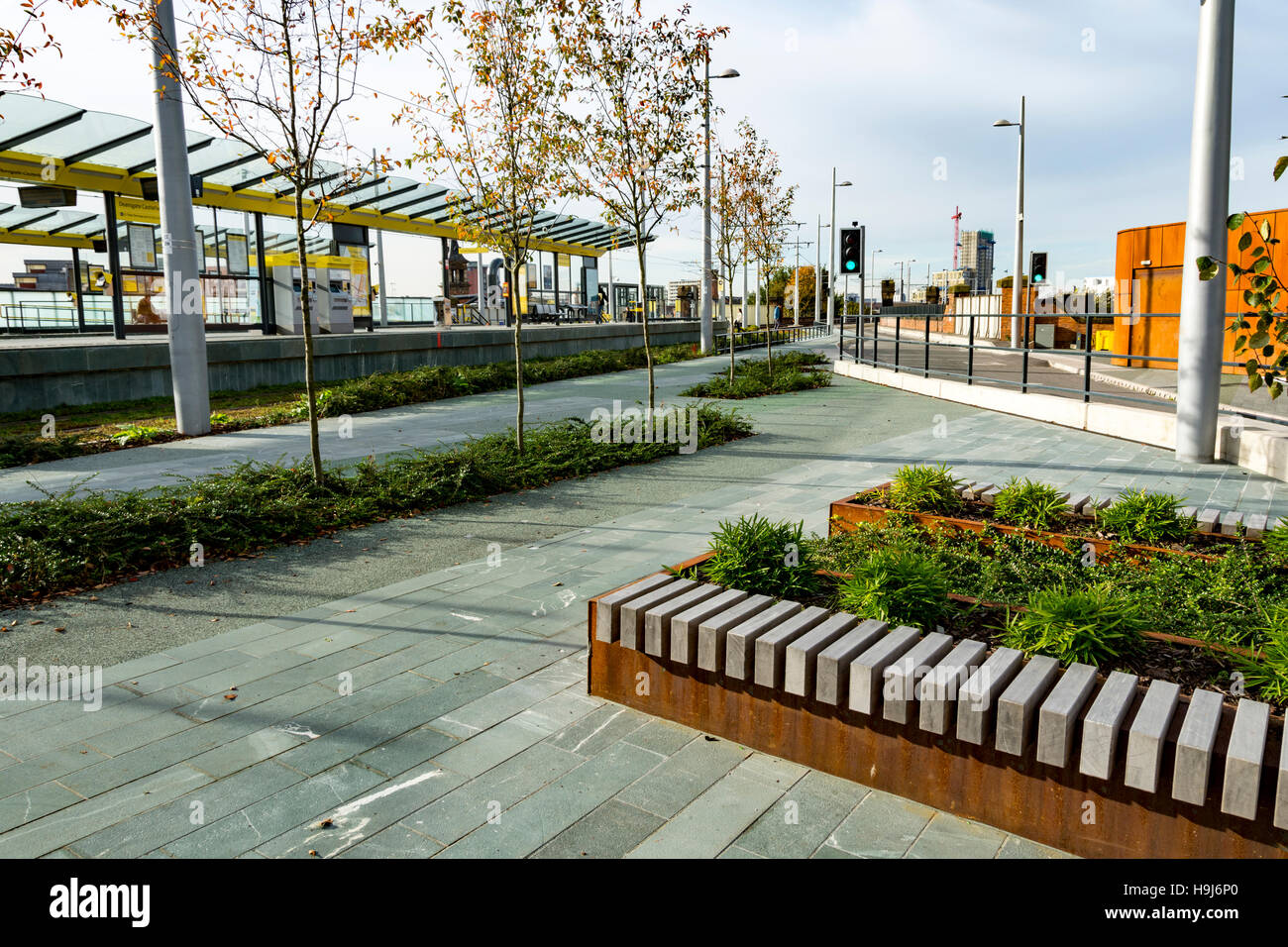 Flower beds and landscaping at the Deansgate-Castlefield tram stop ...