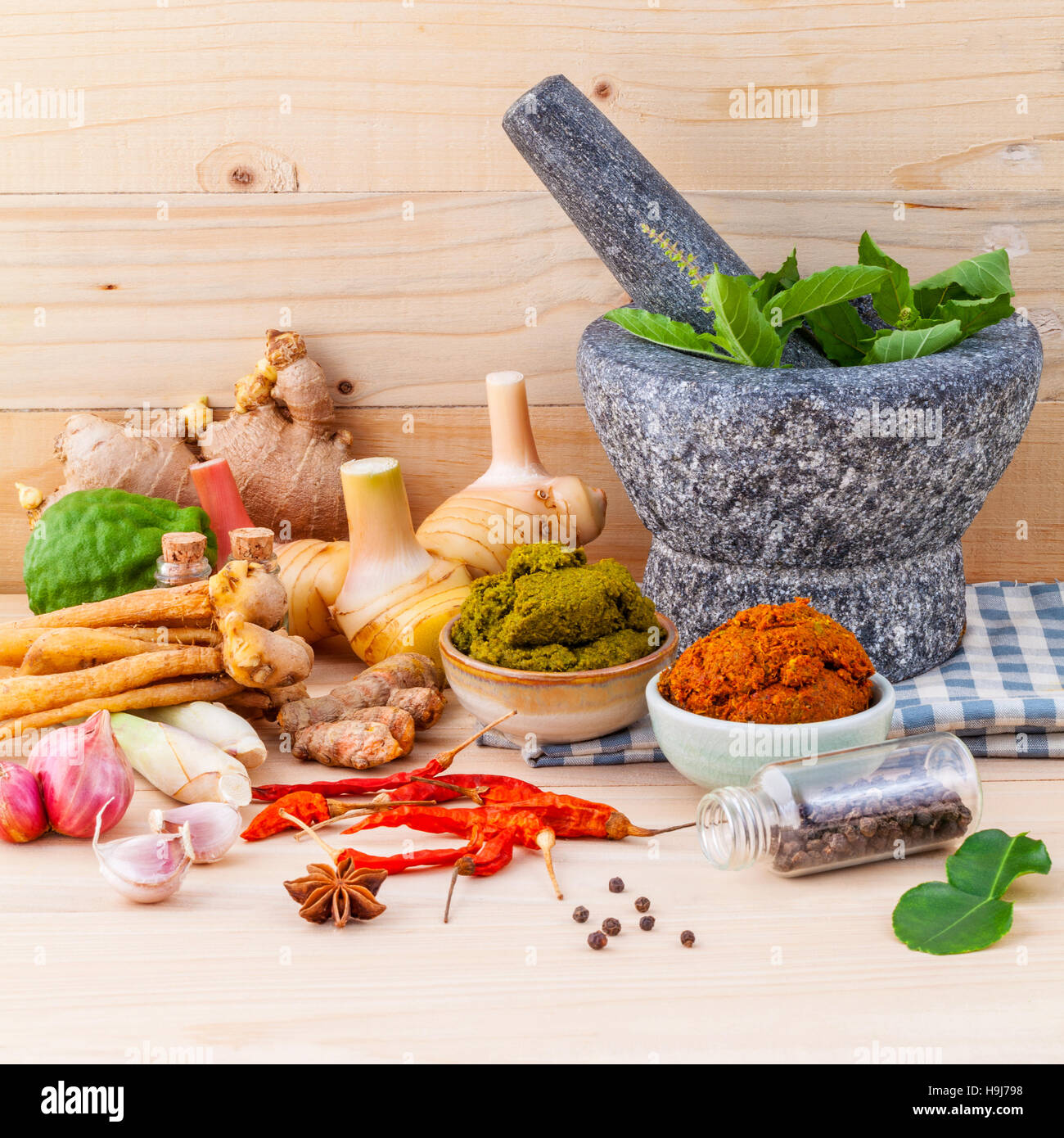 Assortment of Thai food Cooking ingredients and Paste of thai po Stock ...