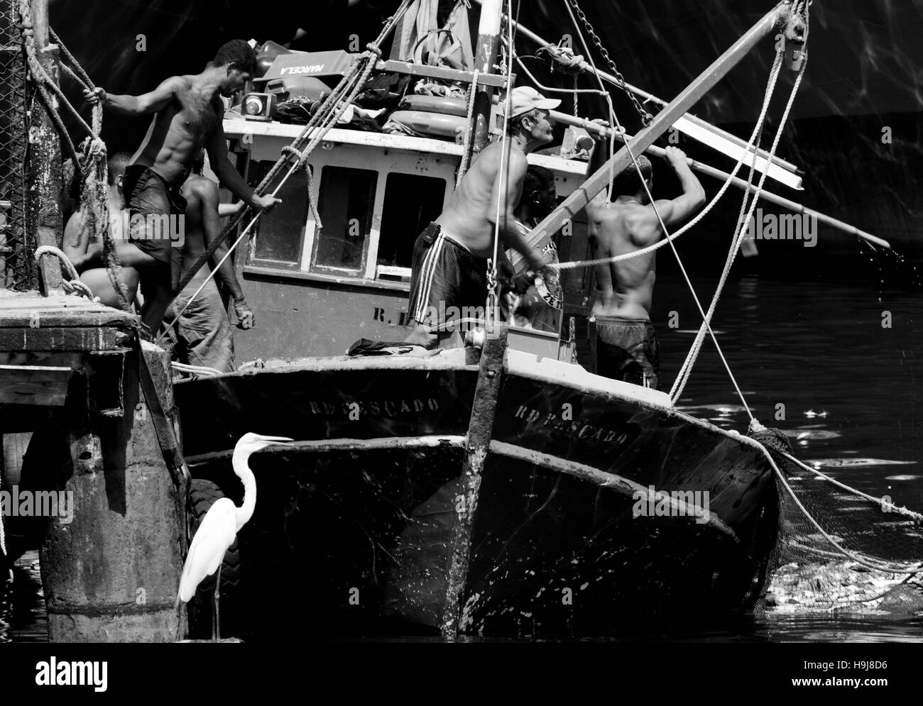 Fishermen in offshore fishing boat alongside the quay Stock Photo - Alamy