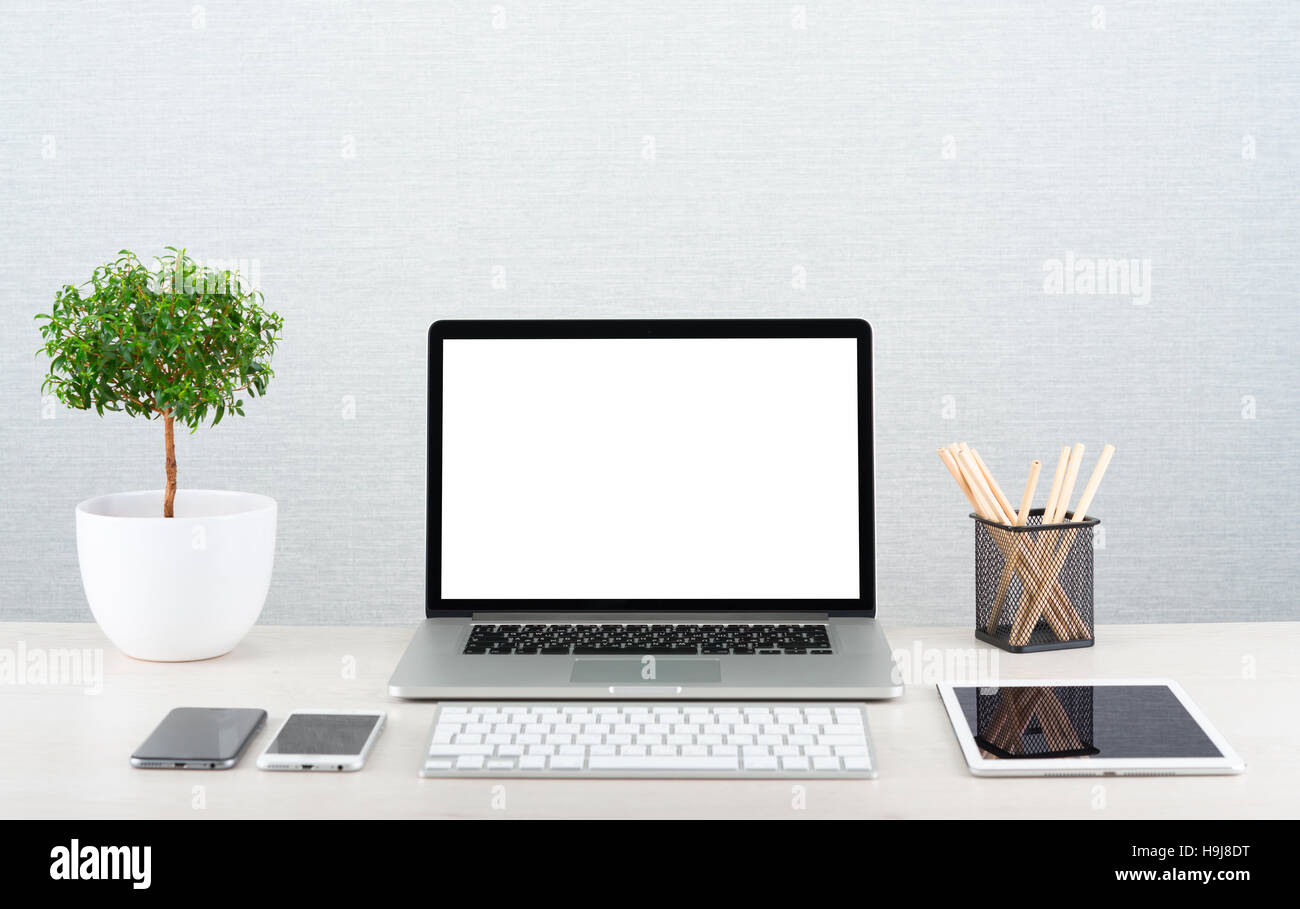 Workplace with modern gadgets. Laptop, tablet and smartphones Stock ...