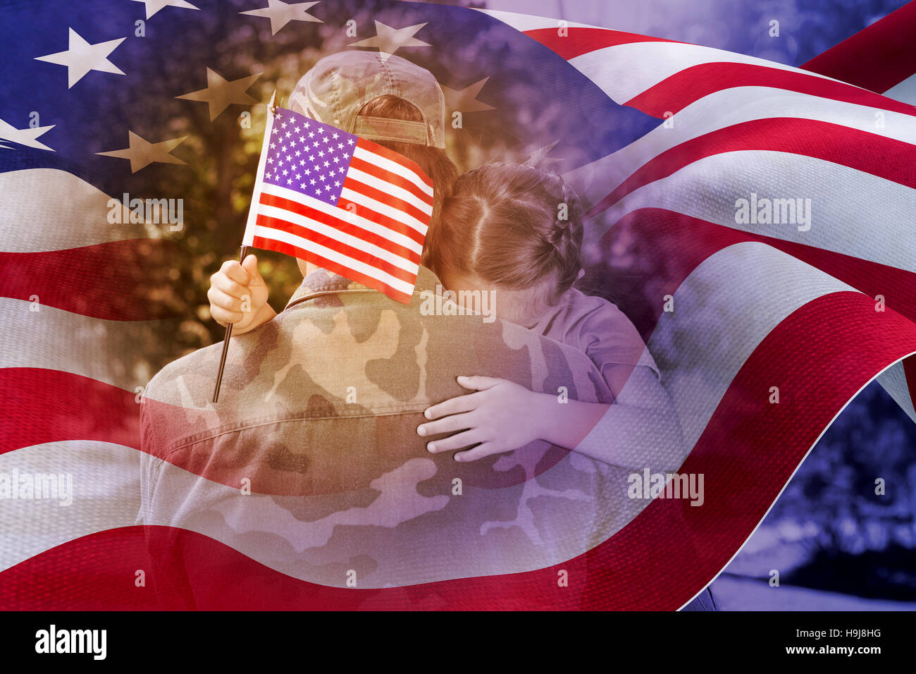 Composite image of army man hugging daughter with american flag Stock ...