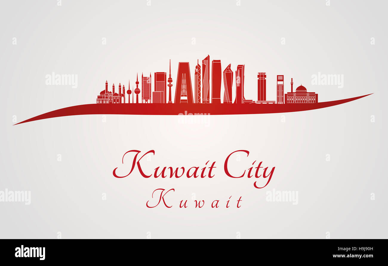 Kuwait City skyline in red and gray background in editable vector file ...
