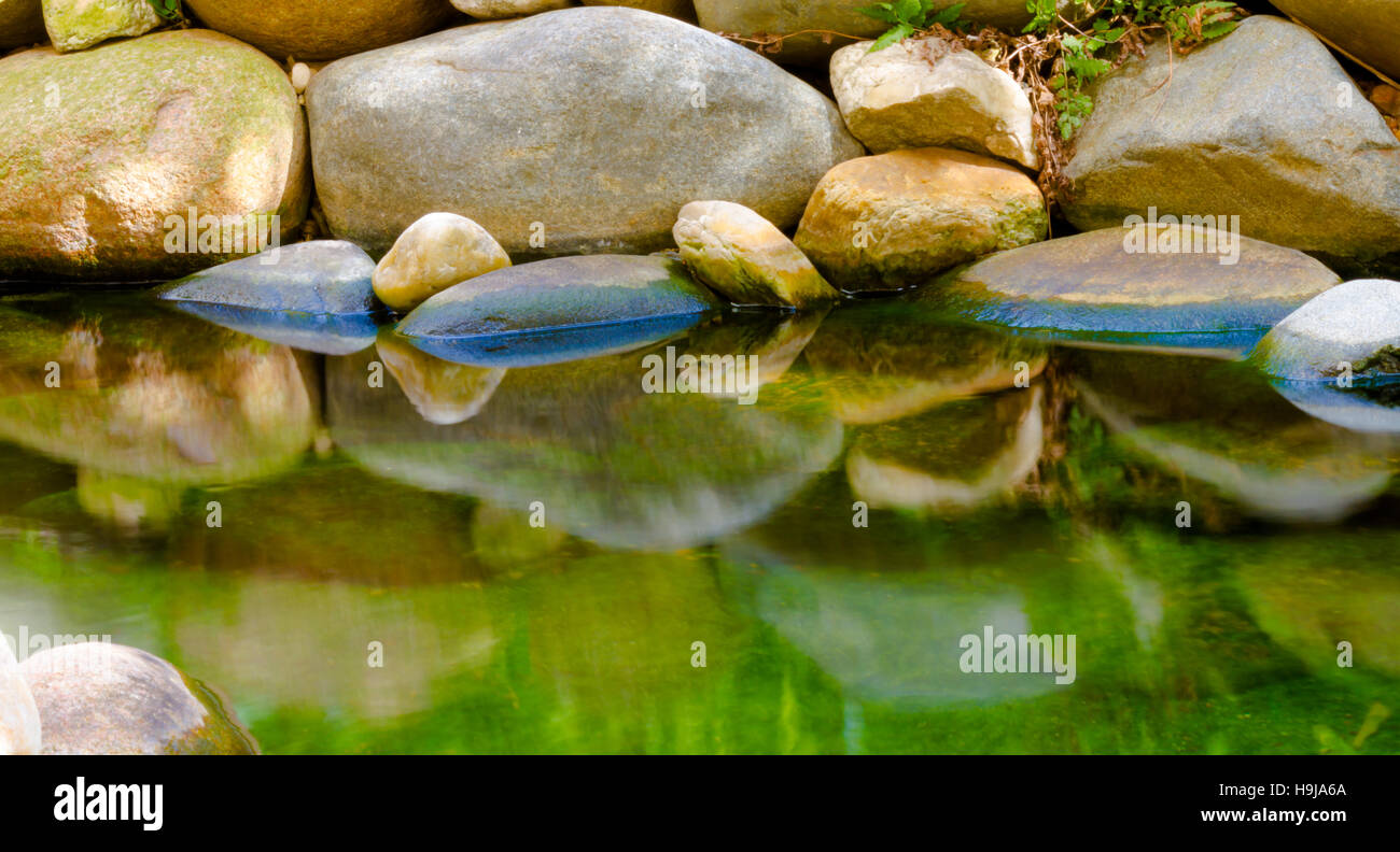 Calm Small lake with rocks on the shore reflecting on the water Stock ...