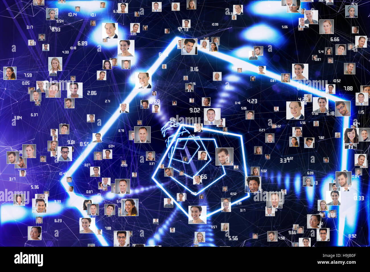 Composite image of sphere of portraits and numbers Stock Photo - Alamy