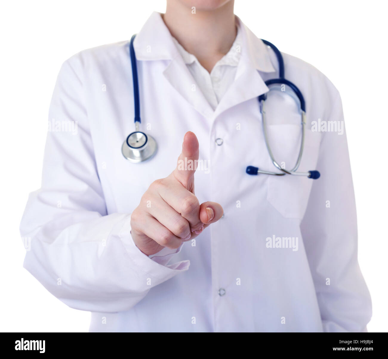 Female doctor in white coat over white isolated background with ...