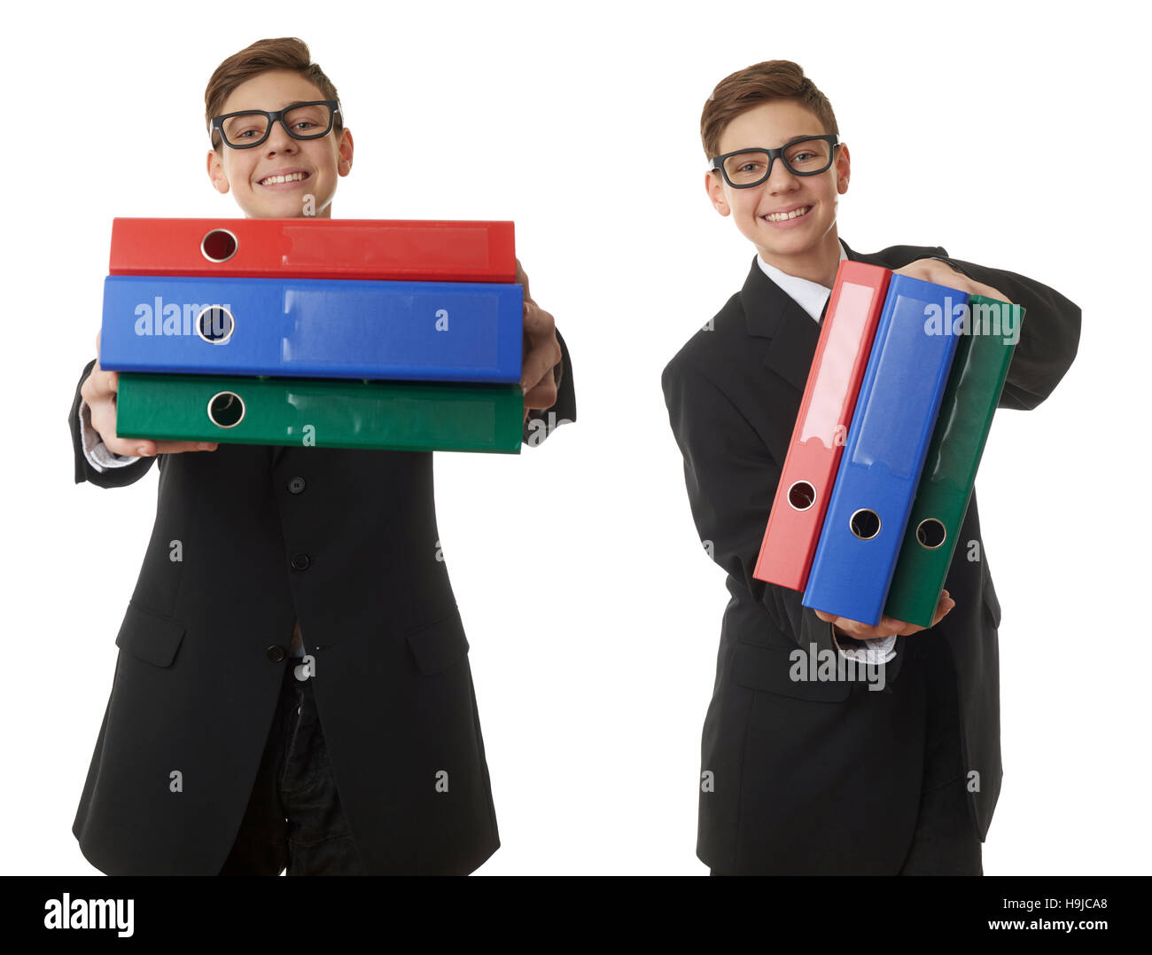 Set of cute teenager boy in back business suit with a pile of folders ...