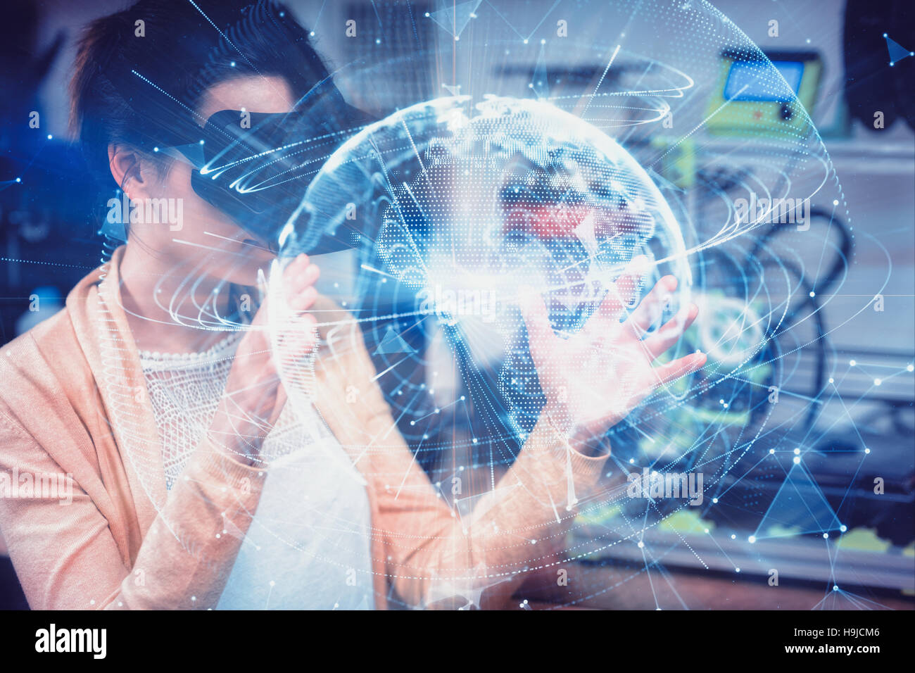 Composite image of global technology background in blue Stock Photo - Alamy