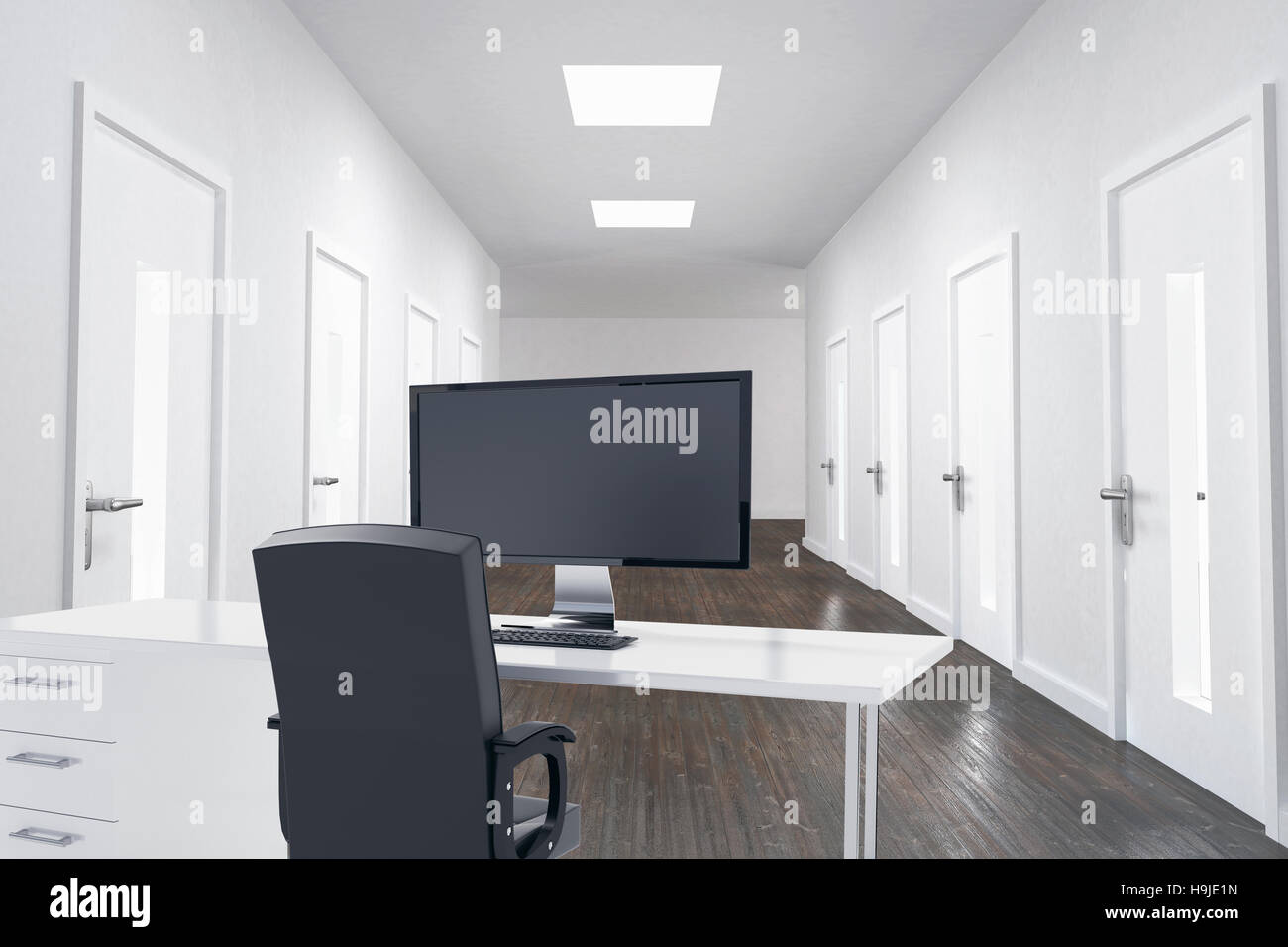 Empty office with desks and computers Stock Photo - Alamy