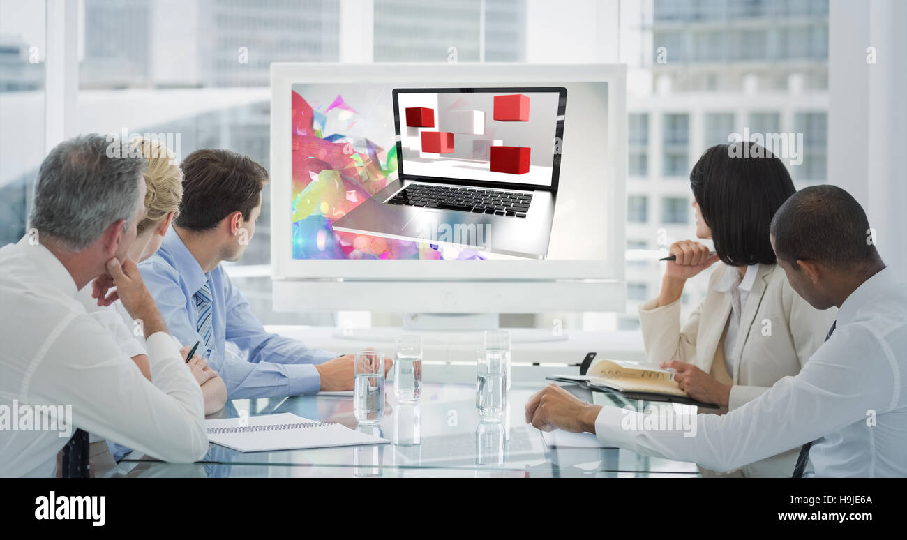 Businessman in suit looking at pc computer with blank hi-res stock ...