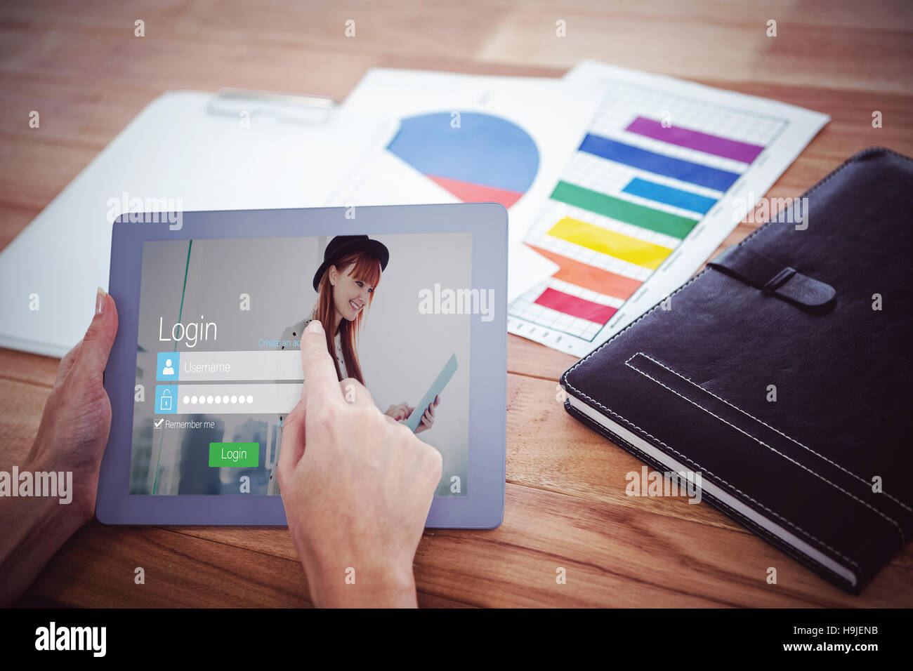 Composite image of over shoulder view of hipster woman using tablet ...