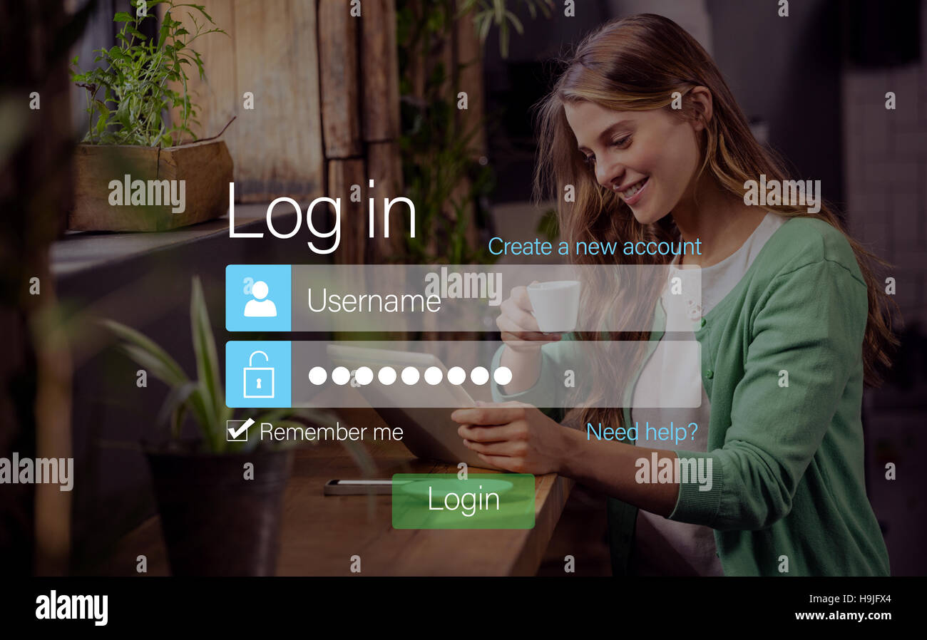 Login screen with smiling woman with pad and coffee Stock Photo - Alamy