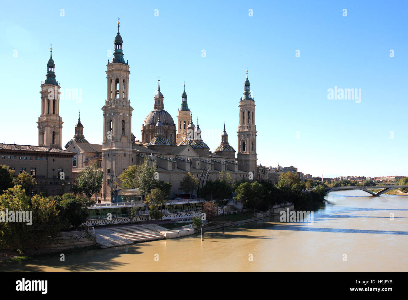 View at famous Pilar Cathedral against blue sky, Saragossa, Spain Stock ...